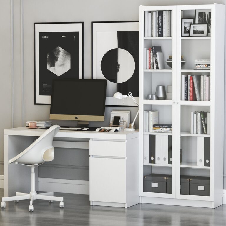 IKEA MALM Workplace With LOBERGET Chair and BILLY OXBERG Bookcase ...