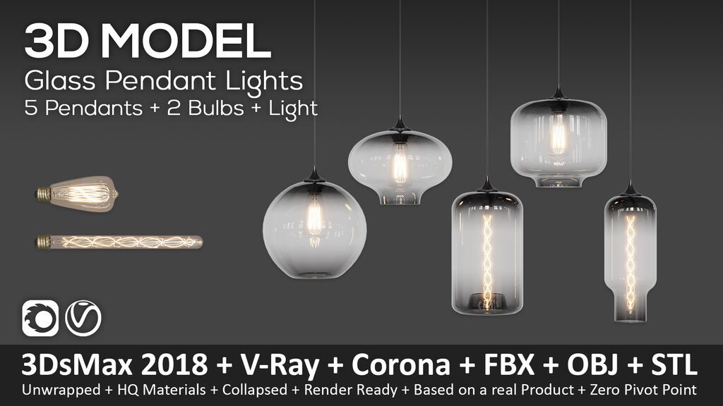 Glass Pendant Lights (5 Pendants + 2 Bulbs) (138752) 3D model ...