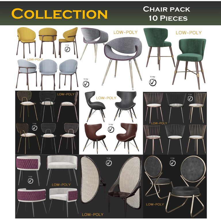 Chair Collection 10 Pieces (27593) 3D model - Download 3D model Chair ...