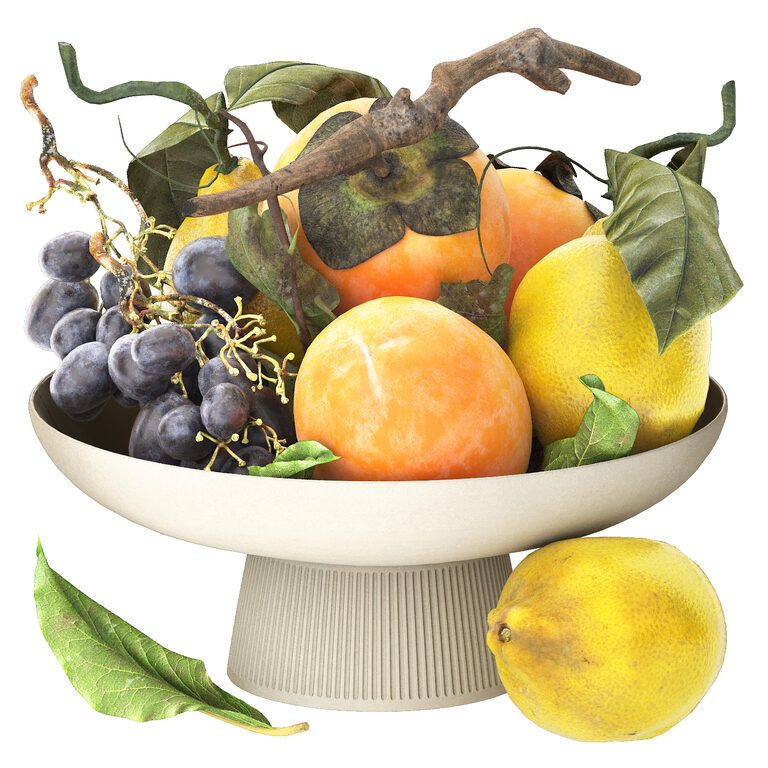 Bowl of tropical persimmon grapes and lemons fruits (382558) 3D model ...