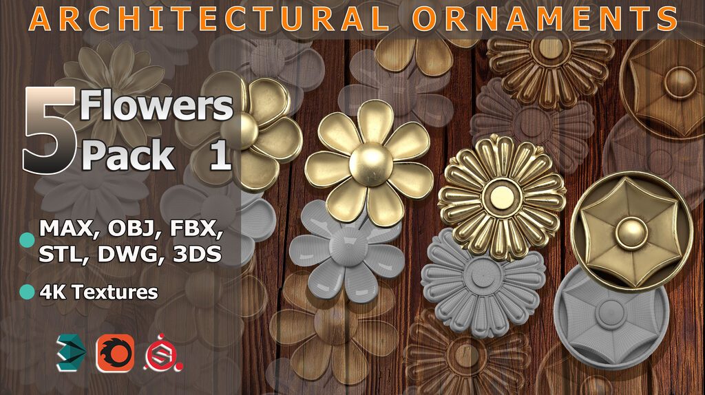 5 Flowers Ornamental Pack 01 (389435) 3D model - Download 3D model 5 ...